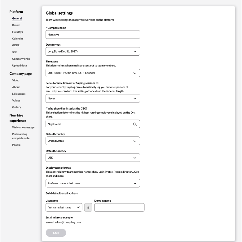 Sapling - Platform Settings – Kallidus